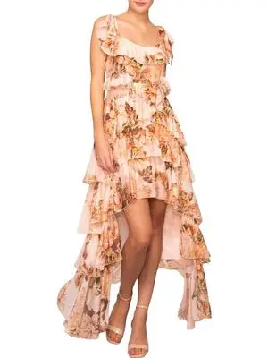 MELLODAY Floral High-low Tiered Maxi Dress - Peach Floral