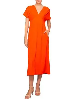 MELLODAY V-neck Empire Waist Midi Dress - Bright Orange
