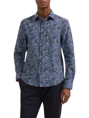 Bugatchi Julian Shaped Fit Abstract Paisley Print Cotton Button-up Shirt - Navy