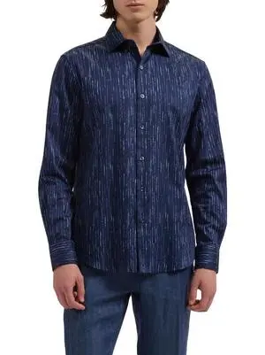 Bugatchi Axel Shaped Fit Chalk Stripe Stretch Cotton Button-up Shirt Navy