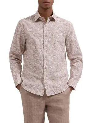 Bugatchi Julian Shaped Fit Abstract Leaf Print Cotton Button-up Shirt - Taupe