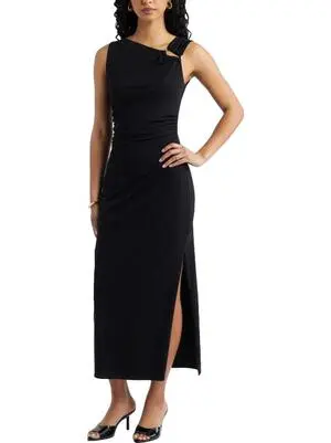 OPEN EDIT Asymmetric Neck Midi Dress - Black