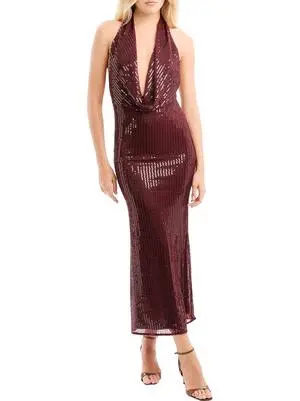 Bardot Nola Beaded Sequin Cowl Halter Maxi Dress - Deep Plum