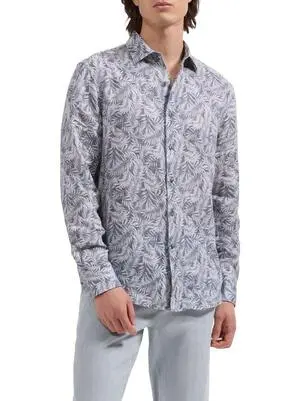 Bugatchi Julian Shaped Fit Palm Leaf Print Linen Button-up Shirt - Navy