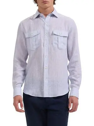 Bugatchi Jasper Linen Blend Button-up Shirt Air Blue