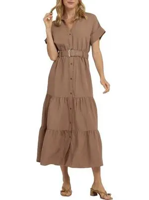 NYDJ Tiered Linen Blend Shirt Dress - Toasted Coconut