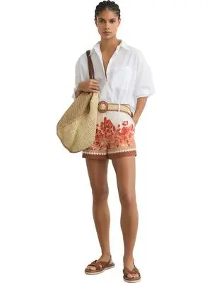 REISS Samira Linen Floral-print Belted Shorts - Pink Print