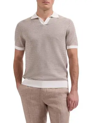 Bugatchi Striped Johnny Collar Sweater - Camel