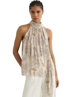 REISS Floral-print Scarf-neck Top - Cream