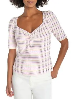LIVERPOOL Striped Gathered Top - Cream/pink Stripes