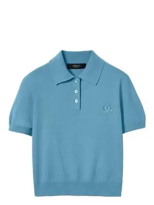 Gucci Knit Polo Shirt With Double G Embroidery - Blue