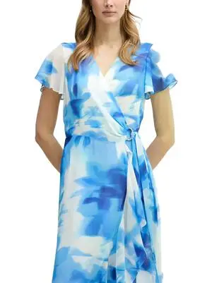 Joseph Ribkoff Printed Midi Dress With Ruffle Detail - Blue