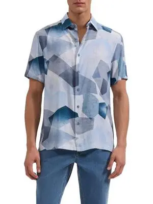 Bugatchi Vero Shaped Fit Abstract Geometric Print Short Sleeve Button-up Shirt - Hazy Blue