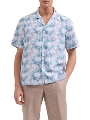 Bugatchi Jackson Palm Leaf Print Camp Shirt - Teal