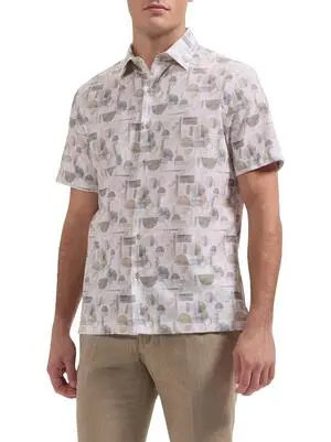 Bugatchi Vero Shaped Fit Geometric Print Short Sleeve Button-up Shirt - Khaki