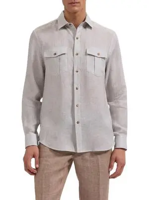 Bugatchi Stripe Shaped Fit Linen Button-up Shirt - Khaki