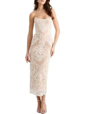 HELSI Kendall Beaded Lace & Mesh Column Dress - Off White/nude
