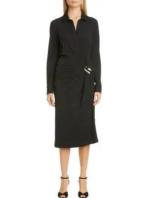 Bottega Veneta Gathered Long Sleeve Jersey Polo Midi Dress - 1000 Nero