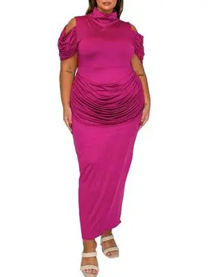 L I V D Seraphina Cold Shoulder Ruched Maxi Dress - Magenta