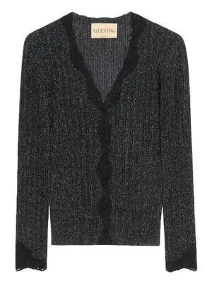 Valentino Garavani Lurex Knit Cardigan With Lace Trim - Black/silver