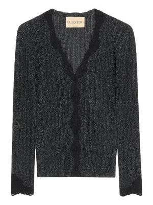 Valentino Garavani Lurex Knit Cardigan With Lace Trim - Black/silver