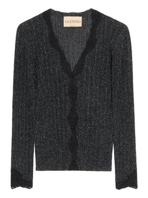 Valentino Garavani Lurex Knit Cardigan With Lace Trim - Black/silver