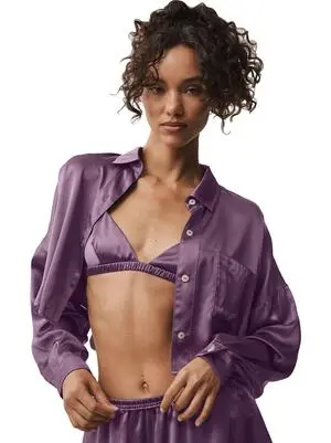 Alo Yoga Silk Luminous Cropped Button Down Shirt - Plum Kiss