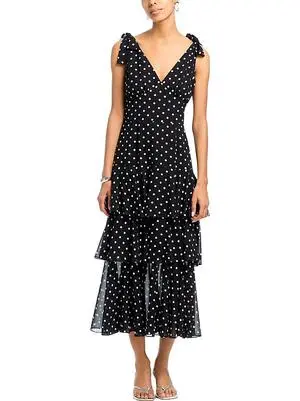 WAYF Hampton Tiered Midi Dress - Black Polka Dot