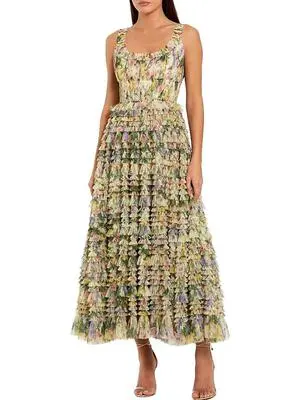 Mac Duggal Floral Printed Ruffle Midi Dress - Yellow Multi