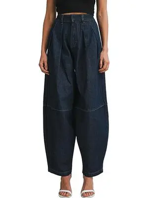 LUVEE Pleated Denim Barrel Leg Trousers - Dark Denim