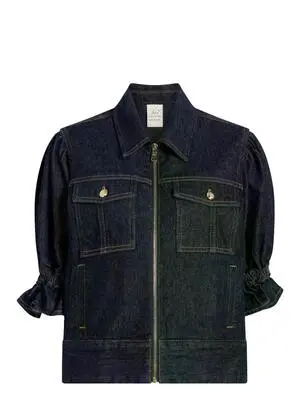 Cinq À Sept Holly Ruffled Puff-sleeve Denim Jacket - Blue