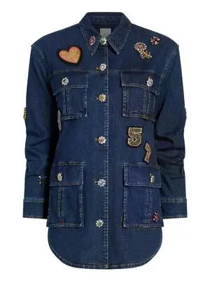 Cinq À Sept Floral Embellished Patch Jacket - Blue