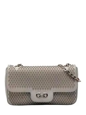 FERRAGAMO Perforated Leather Gancini Luciana Chain Flap Shoulder Bag - Grey
