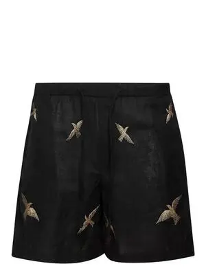 BAZISZT Columbus Embroidered Drawstring Shorts - Black
