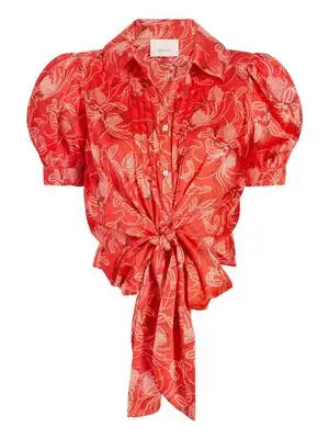 Cinq À Sept Botanical Floral Abena Tie Shirt - Red
