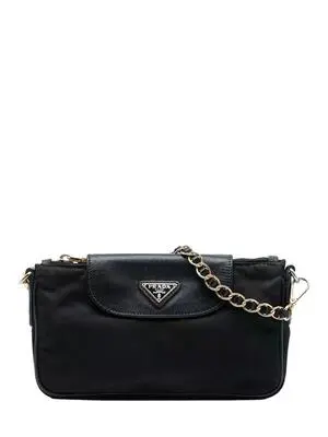 Prada Saffiano Trimmed Tessuto Chain Crossbody Bag - Black