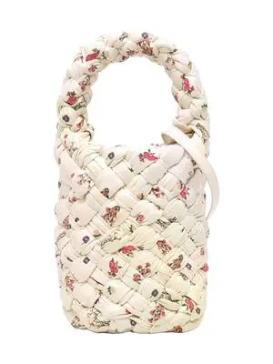 Bottega Veneta 2021-2025 Small Floral Printed Leather Intrecciato Kalimero Bucket Bag Satchel - White