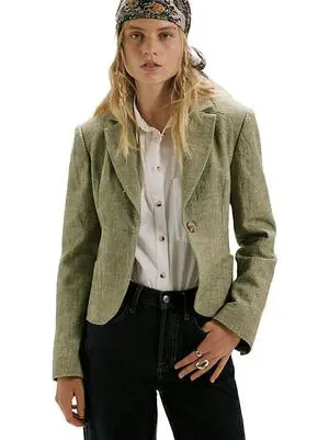 Free People Textured Blazer With Tortoiseshell Button Closure - Sage