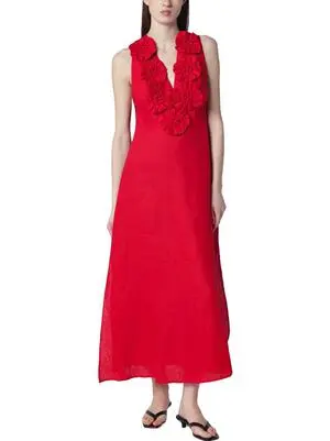 Farm Rio Linen Dress With Floral Appliqués - Red