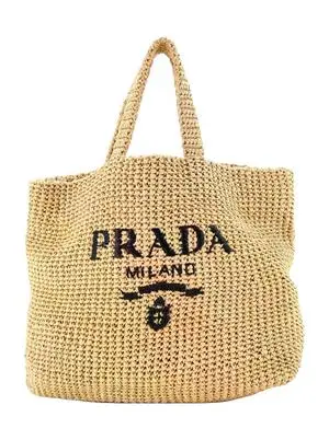Prada Logo Raffia Medium Tote Bag - Neutrals