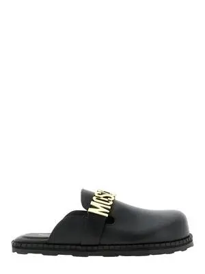 Moschino Metal-lettering Leather Mules - Black
