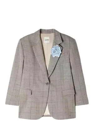 Sandro Flower-brooch Checked Blazer - Grey