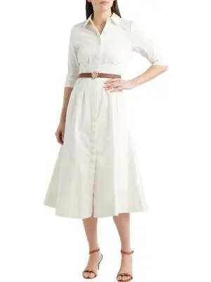 Anne Klein Elbow Sleeve Stretch Cotton Shirtdress - White Dove