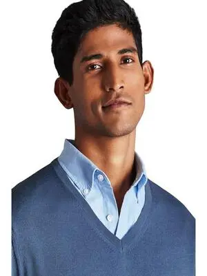 CHARLES TYRWHITT Pure Merino V-neck Sweater - Steel Blue