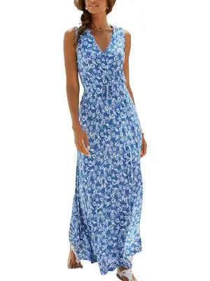 LASCANA Sleeveless V-neck Maxi Dress - Blue-printed