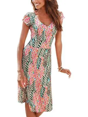LASCANA Ruched V-neck Fit And Flare Dress - Multi Print