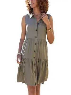 LASCANA Sleeveless Tiered Shirt Dress - Olive