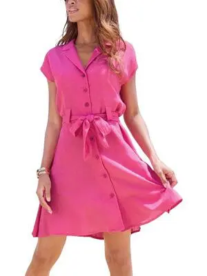 LASCANA Belted Shirt Dress With Floral Print - Pink