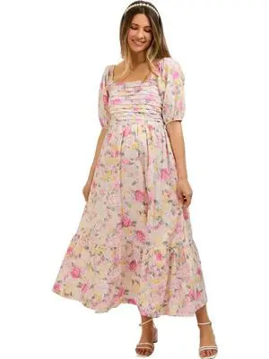 PINKBLUSH Floral Pleated Puff Sleeve Midi Dress - Lavender