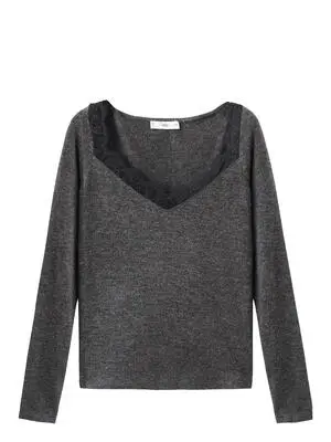 Mango Lace Trim Long Sleeve Top - Medium Heather Grey